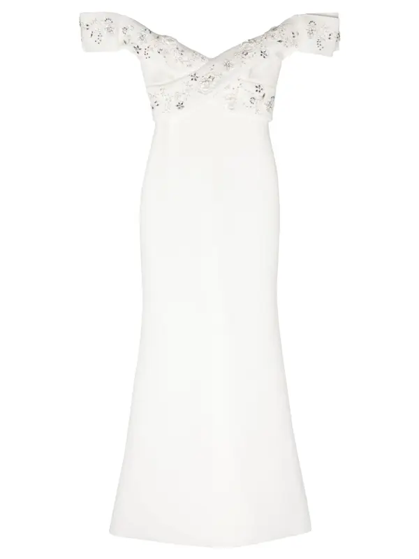Badgley Mischka Bead-embellished Off-shoulder Gown - White