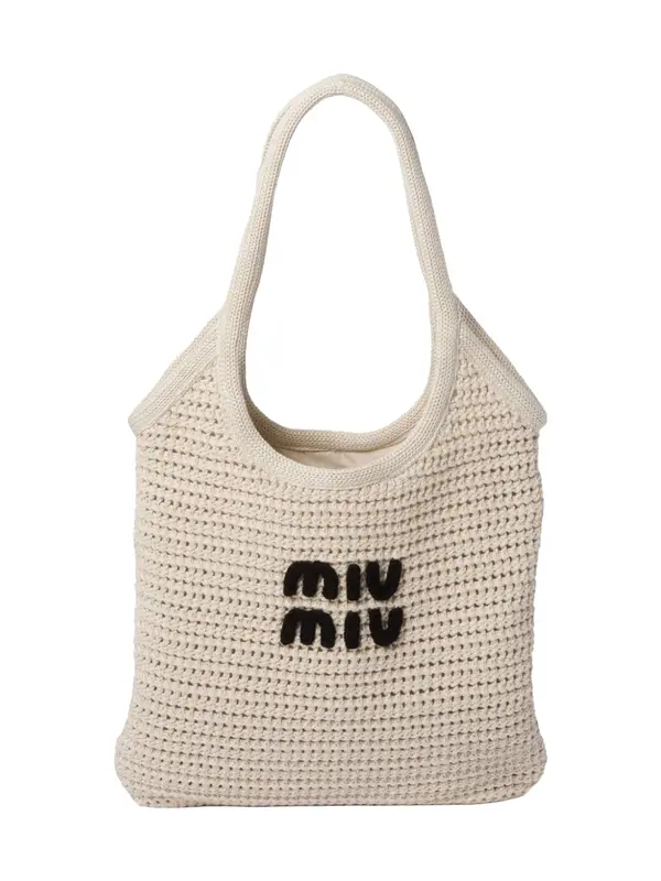 Miu Miu Logo-embroidered Interwoven Tote - Neutrals
