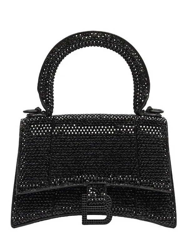 Balenciaga Hourglass Mini Handbag With Chain And Rhinestones - Black