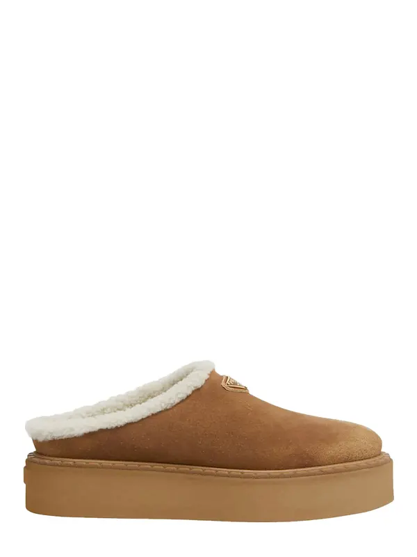Prada Suede Shearling Platform Mules - Cannella