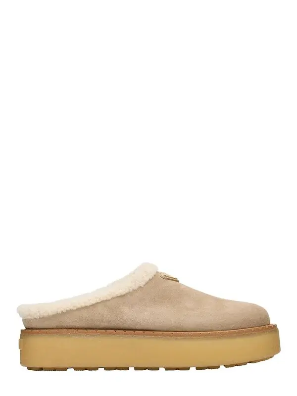 Prada Suede Shearling Platform Mules - Dark Beige