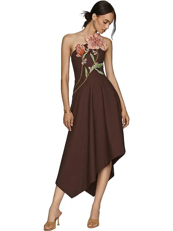 YUKIKO NORITAKE Asymmetric Floral Midi Dress - Brown Pattern