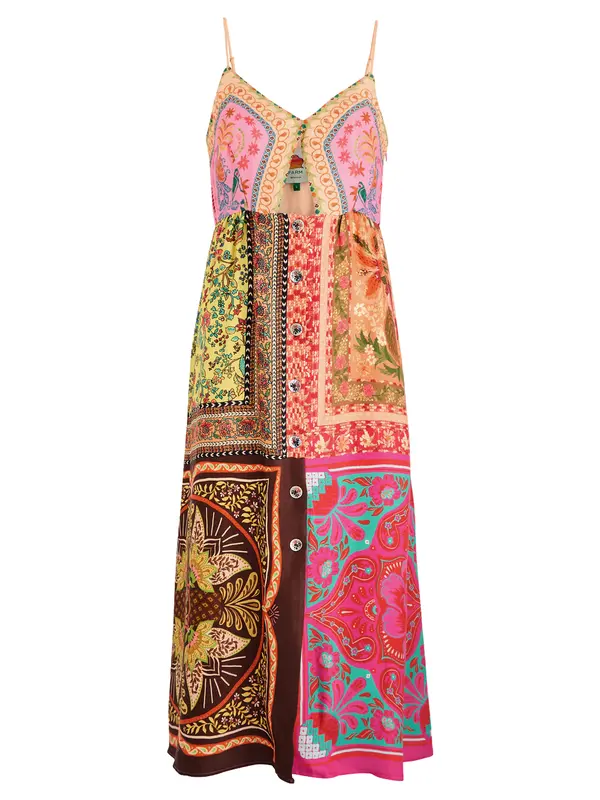 Farm Rio Mixed Scarves Printed Satin Midi Dress - Multicoloured