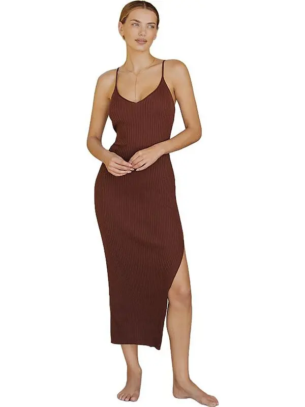 Anthropologie Aimee Slim Ribbed Knit Midi Dress - Sepia Brown