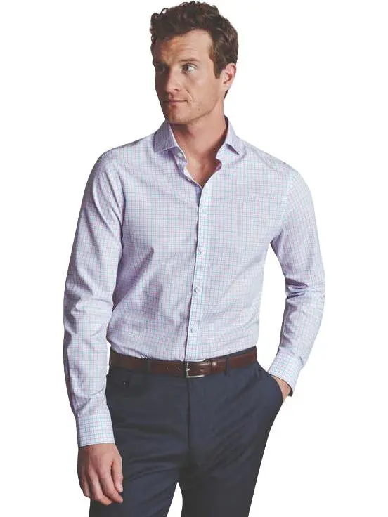 CHARLES TYRWHITT Check Non-iron Twill Cutaway Slim Fit Shirt Single Cuff - Pink