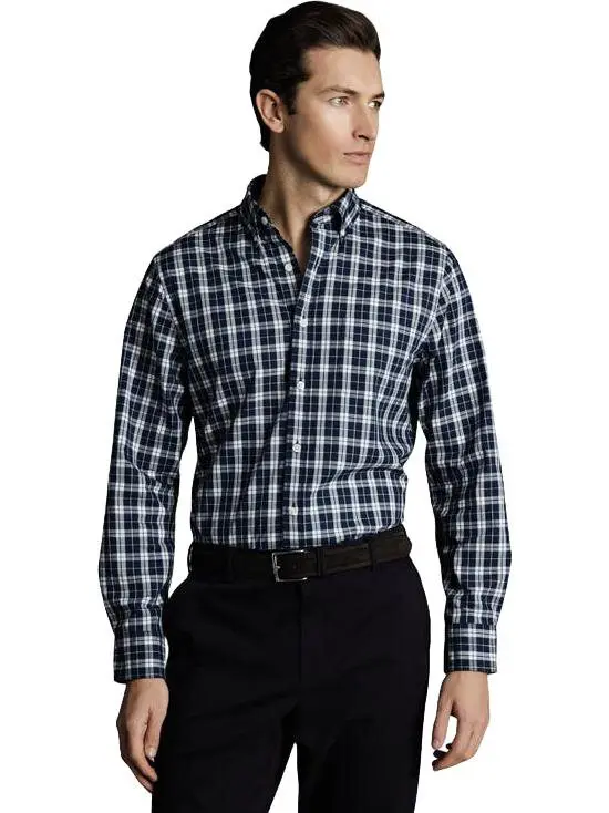 CHARLES TYRWHITT Slim Fit Button-down Collar Non-iron Stretch Poplin Check Shirt - Blue
