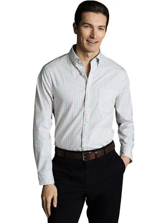 CHARLES TYRWHITT Slim Fit Button-down Collar Non-iron Stretch Poplin Check Shirt - Coral Pink