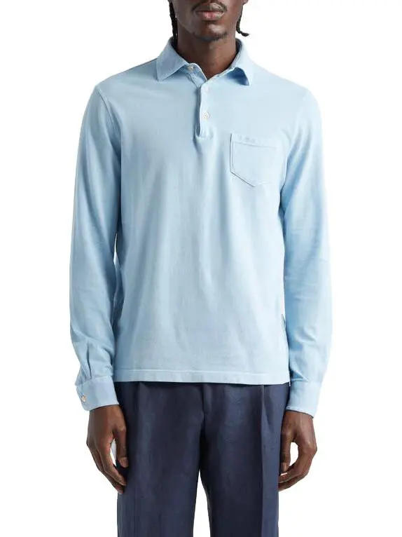 Thom Sweeney Long Sleeve Cotton Piqué Polo - Light Blue