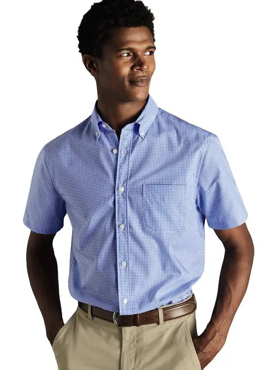CHARLES TYRWHITT Slim Fit Button-down Collar Non-iron Stretch Mini Gingham Short Sleeve Shirt - Ocean Blue