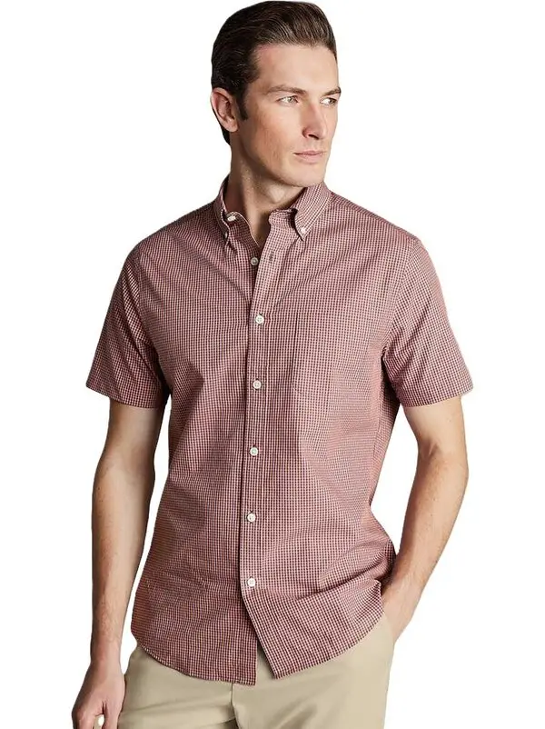 CHARLES TYRWHITT Slim Fit Light Button-down Collar Non-iron Stretch Poplin Mini Gingham Short Sleeve Shirt - Light Coral Pink