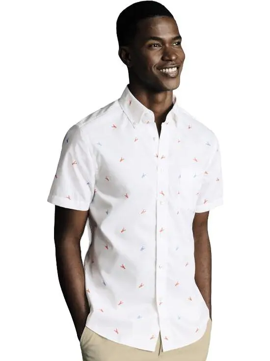 CHARLES TYRWHITT Slim Fit Multi Button-down Collar Non-iron Lobster Print Short Sleeve Shirt - Orange