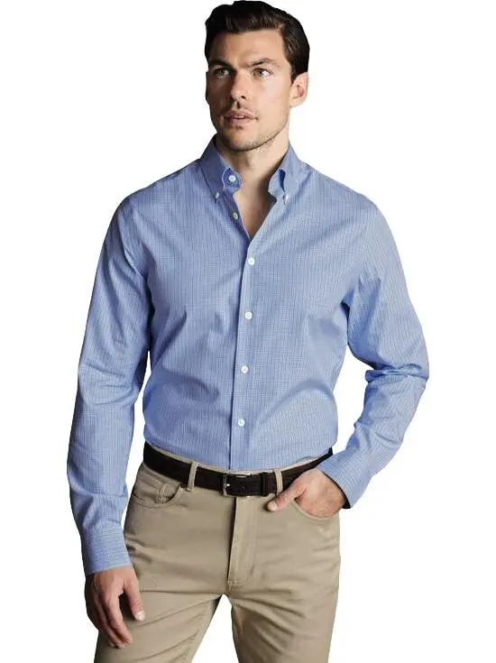 CHARLES TYRWHITT Check Non-iron Button-down Oxford Slim Fit Shirt Single Cuff - Cornflower Blue