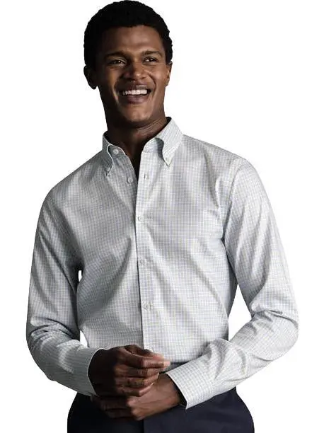 CHARLES TYRWHITT Check Non-iron Button-down Oxford Slim Fit Shirt Single Cuff - Light Green