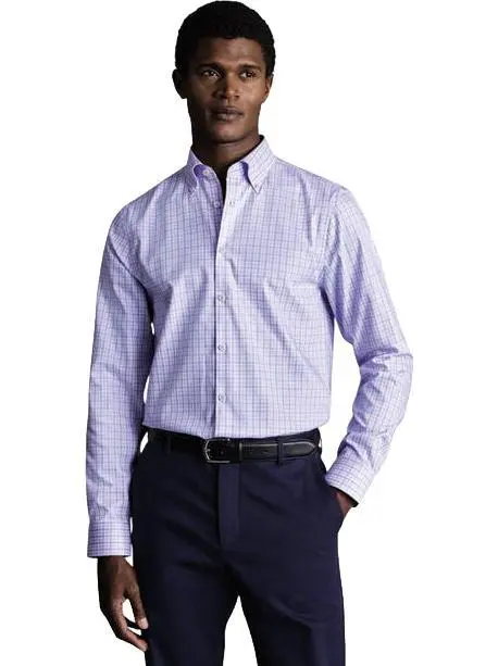 CHARLES TYRWHITT Check Non-iron Button-down Oxford Slim Fit Shirt Single Cuff - Lilac Purple
