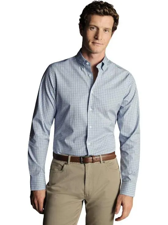 CHARLES TYRWHITT Check Non-iron Button-down Oxford Slim Fit Shirt Single Cuff - Mid Blue