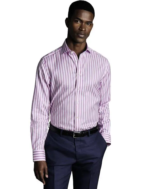 CHARLES TYRWHITT Wide Stripe Non-iron Twill Cutaway Slim Fit Shirt Single Cuff - Lilac Purple
