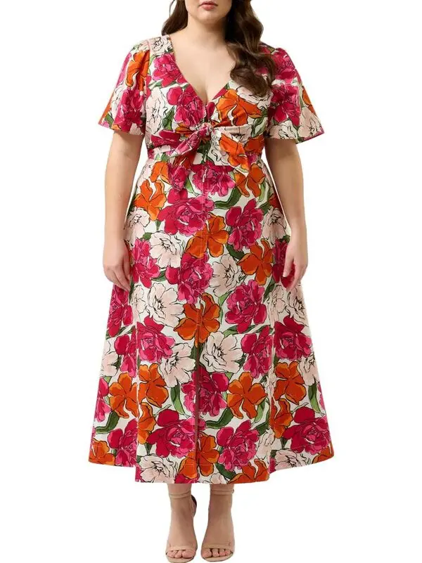 ESTELLE Nadja Floral Cotton Midi Dress - Orange Print