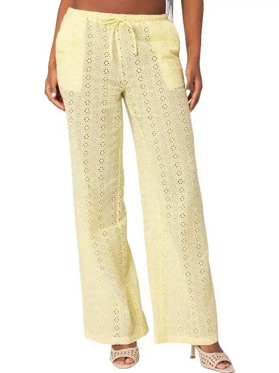 EDIKTED Eyelet Embroidered Cotton Drawstring Pants - Yellow
