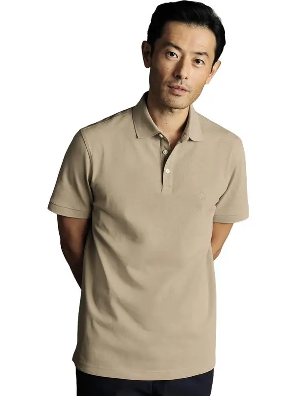 CHARLES TYRWHITT Solid Short Sleeve Cotton Tyrwhitt Pique Polo - Taupe