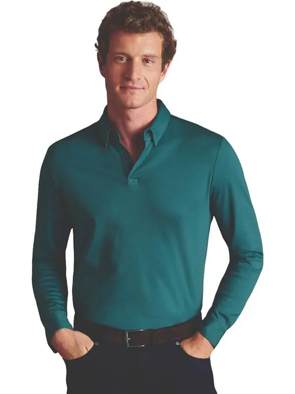 CHARLES TYRWHITT Plain Long Sleeve Jersey Polo - Teal Green