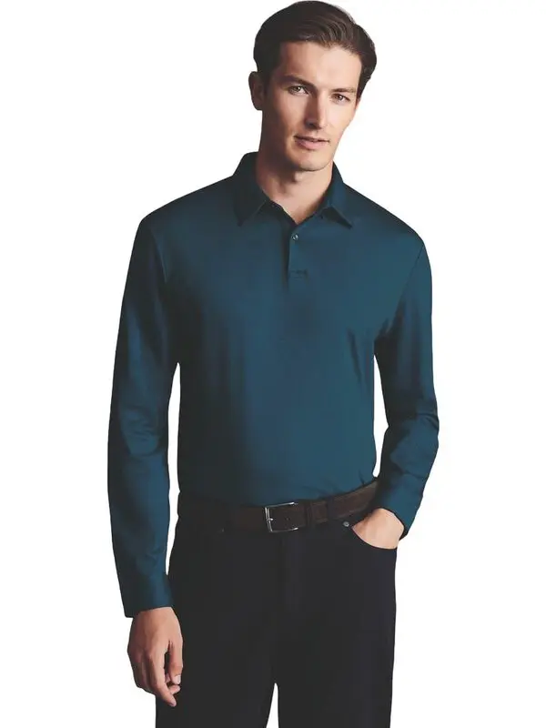 CHARLES TYRWHITT Plain Long Sleeve Jersey Polo - Turquoise Blue