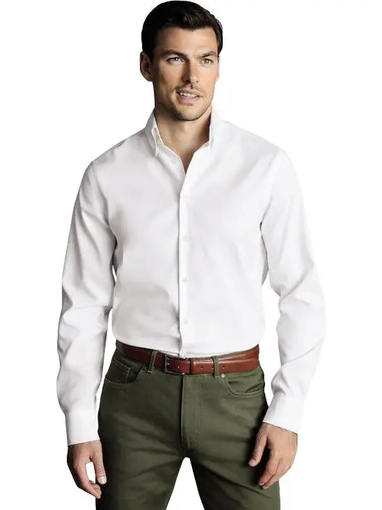 CHARLES TYRWHITT Non-iron Button-down Oxford Slim Fit Shirt Single Cuff - White