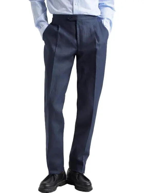 Thom Sweeney Tailored Pleated Linen Trousers - Navy