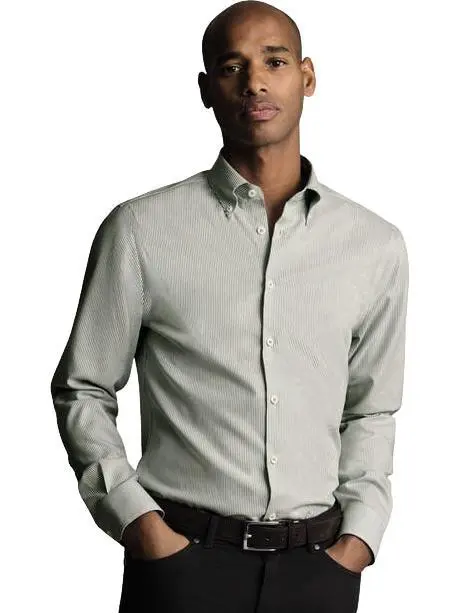 CHARLES TYRWHITT Stripe Non-iron Button-down Oxford Slim Fit Shirt Single Cuff - Olive Green