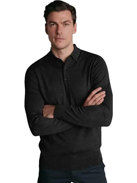 CHARLES TYRWHITT Merino Long Sleeve Polo Sweater - Dark Charcoal