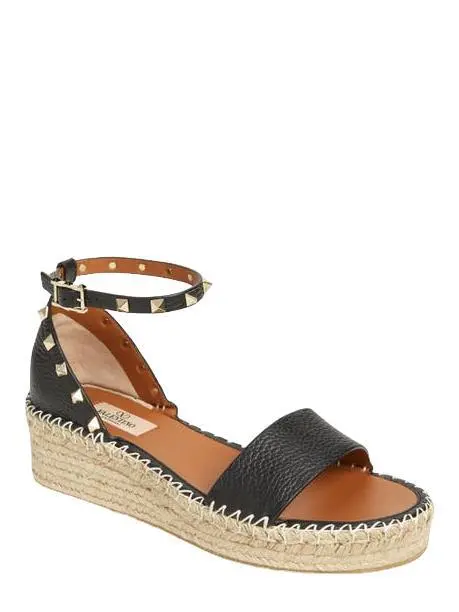 Valentino Garavani Rockstud Espadrille Wedge Sandal - Nero/ Light Cuir