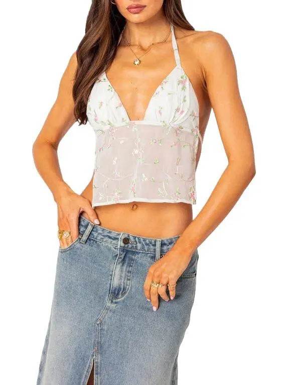 EDIKTED Embroidered Floral Halter Crop Top - White