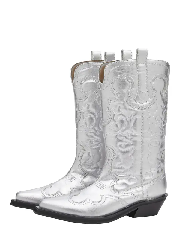 GANNI Embroidered Western Boots - Silver