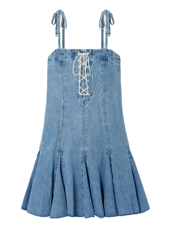 RE/DONE Flounce Pleated Lace-up Denim Mini Dress - Blue