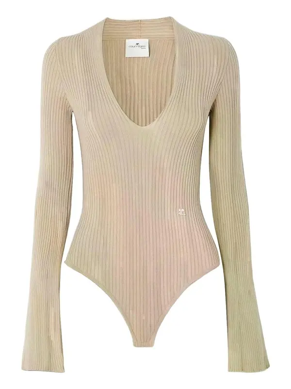 COURREGES Embroidered Ribbed-knit Bodysuit - Neutrals