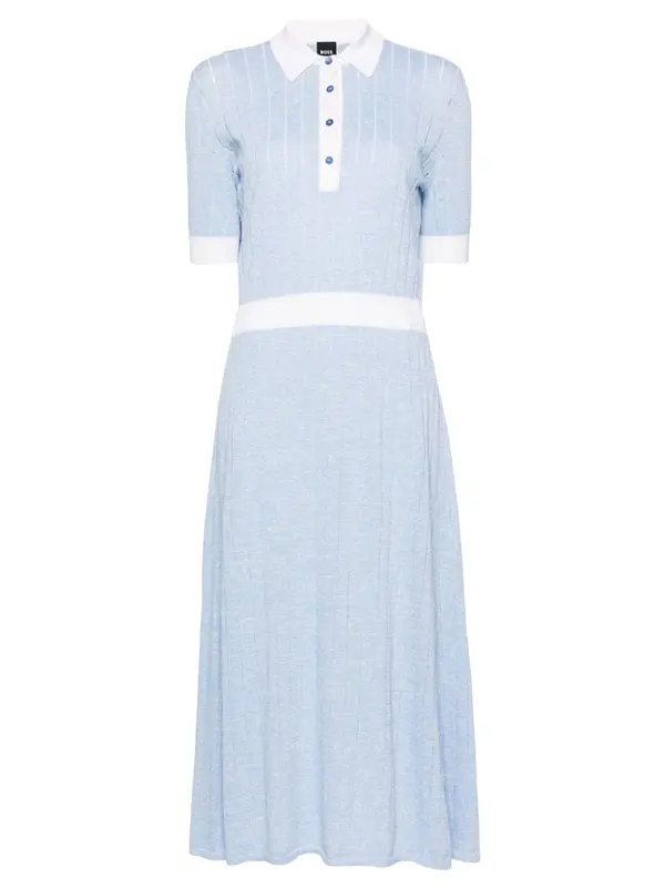 BOSS Polo-collar Fine-knit Dress - Blue