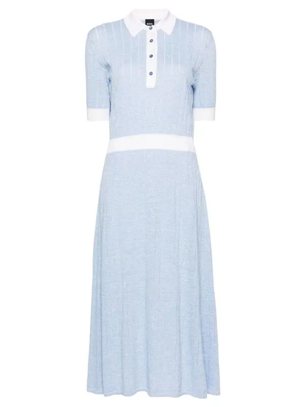 BOSS Polo-collar Ribbed Knit Midi Dress - Blue