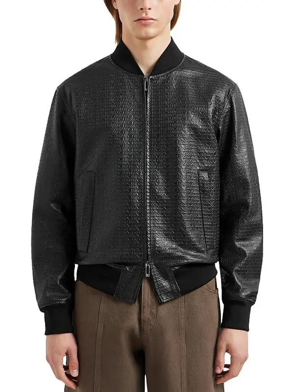 Emporio Armani Zip Front Leather Logo Jacket - Solid Black