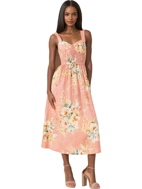 Yumi Kim Waverly Linen Floral Midi Dress - Natural