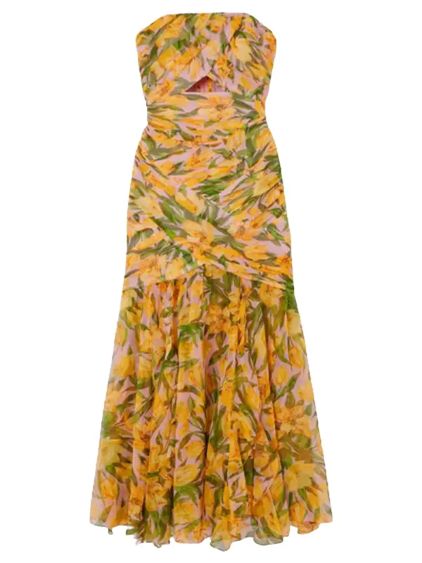 Carolina Herrera Strapless Draped Cutout -print Silk-chiffon Gown - Yellow