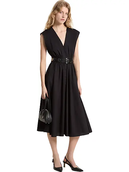 Michael Kors Stretch Organic Cotton Poplin Midi Dress - Black