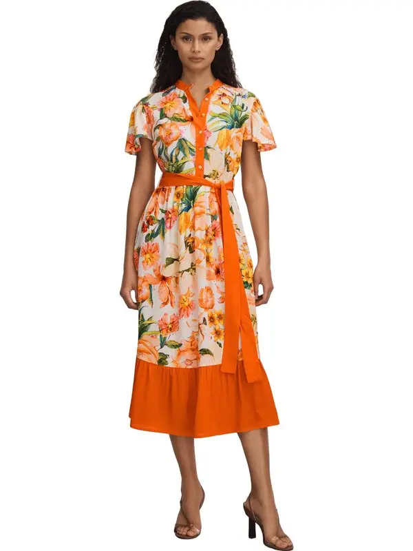 RAISHMA Silk Floaty Sleeve Midi Dress - Orange