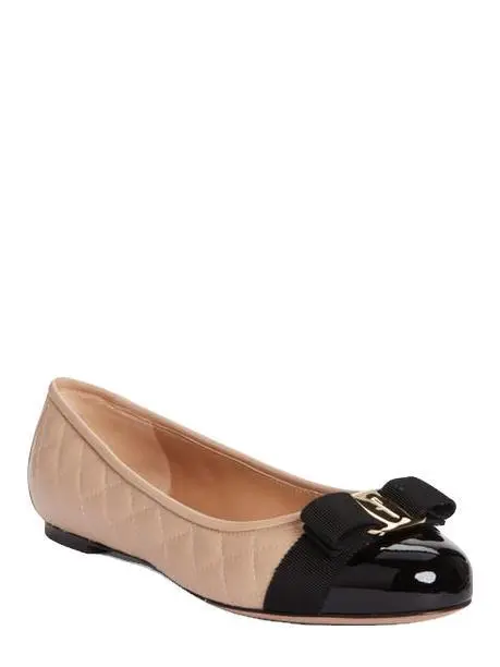 FERRAGAMO Varina Ballet Flats - New Bisque Black Patent