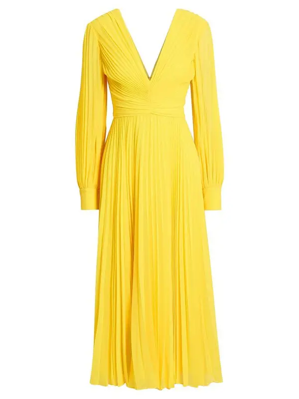 Badgley Mischka Plissé Chiffon Midi Dress - Yellow