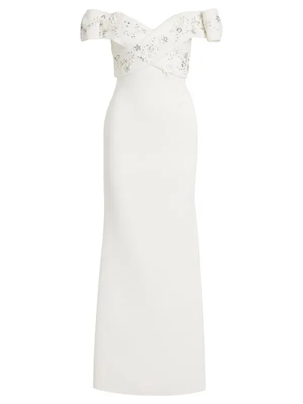 Badgley Mischka Off-the-shoulder Embellished Gown - White