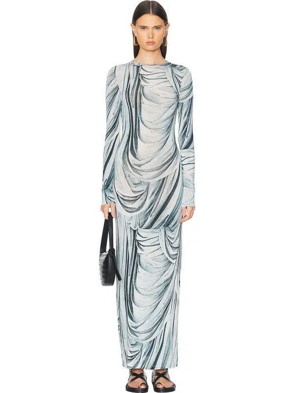 Rabanne Drape Printed Long Sleeve Dress - Drappe Bleu