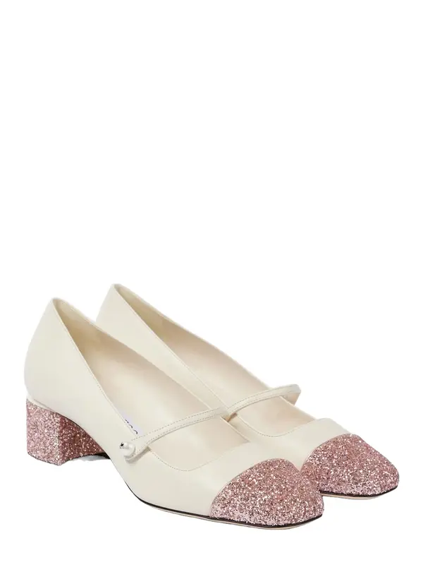 JIMMY CHOO Elisa 45 Glitter Leather Mary Jane Pumps - White