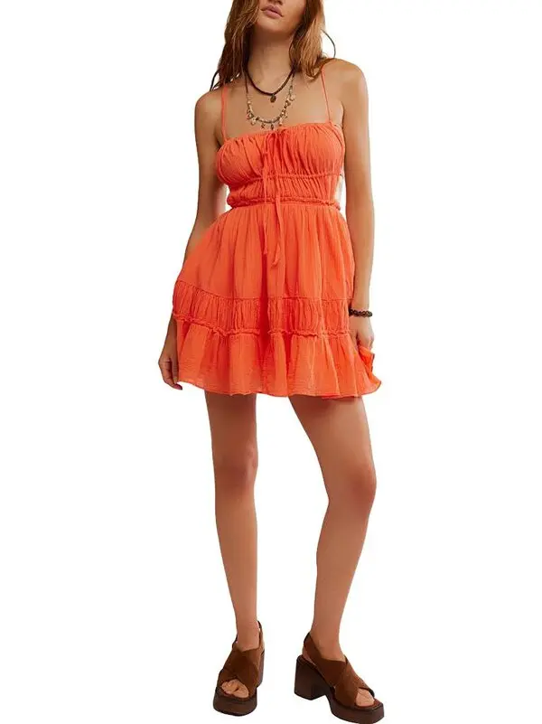 Free People Taking Sides Shirred Tiered Cotton Minidress - Fusion Coral