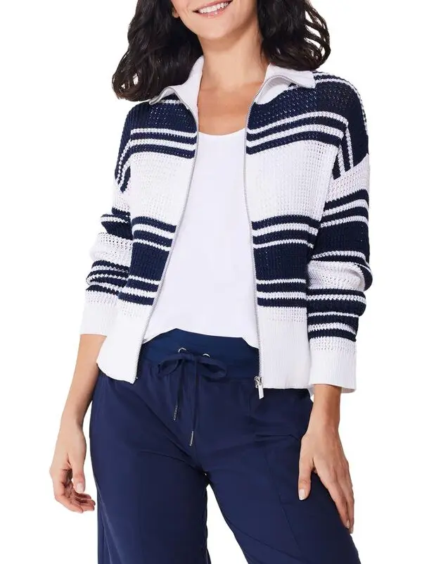 NIC+ZOE Cotton Blend Striped Zip Cardigan - Indigo Multi