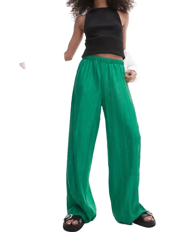 Topshop Plissé Wide Leg Pants - Mid Green