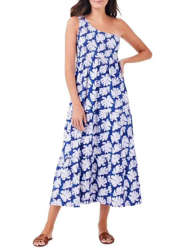 NIC+ZOE Shadow Palm One-shoulder Midi Dress - Blue Multi